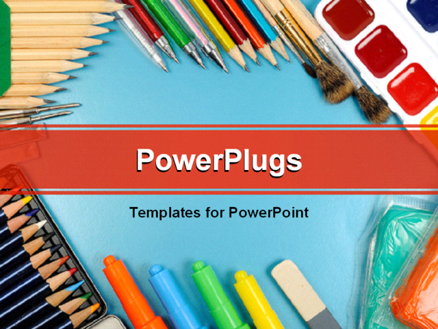 powerpoint-template-different-writing-materials-and-tools-on-a-blue